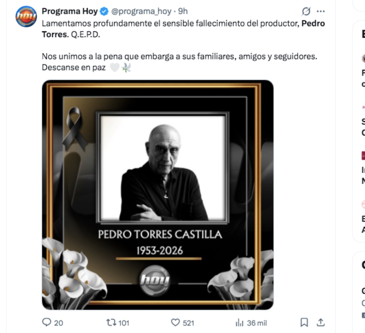 Pedro Torres, Mexican producer dies at 72 years old